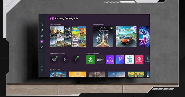 Samsung Gaming Hub displays a wide range of gaming options such as Xbox Game Pass Recently Played games Accessories and Music Apps and Devices and Popular Games