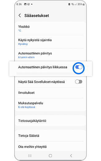Samsung Galaxyn Sää-pienoisohjelman automaattinen päivittäminen ...