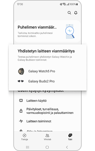 Puettavan Galaxy-laitteen itsediagnoosi | Samsung Suomi