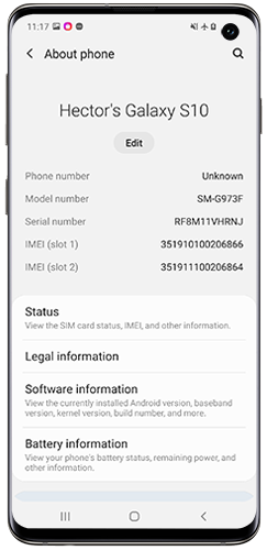 How do I find the IMEI, model number, and serial number for Samsung ...
