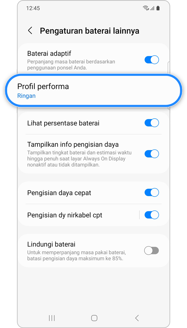 Kurangi konsumsi daya dengan mode kinerja Terang pada perangkat Galaxy Anda