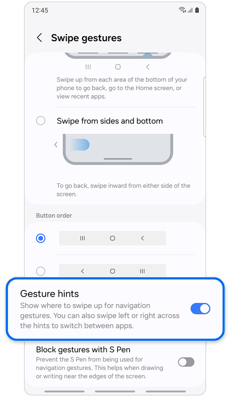 How to enable swipe gestures (Swipe from bottom, Gesture hints) on Galaxy devices | Samsung ...