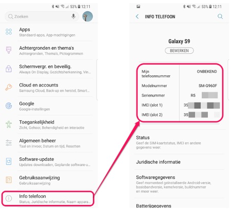 Waar vind ik de model code, serienummer of IMEI nummer van mijn Samsung ...