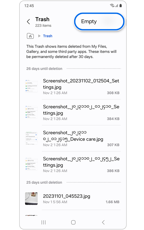 The updated trash feature in My Files on Galaxy devices with One UI 6.0