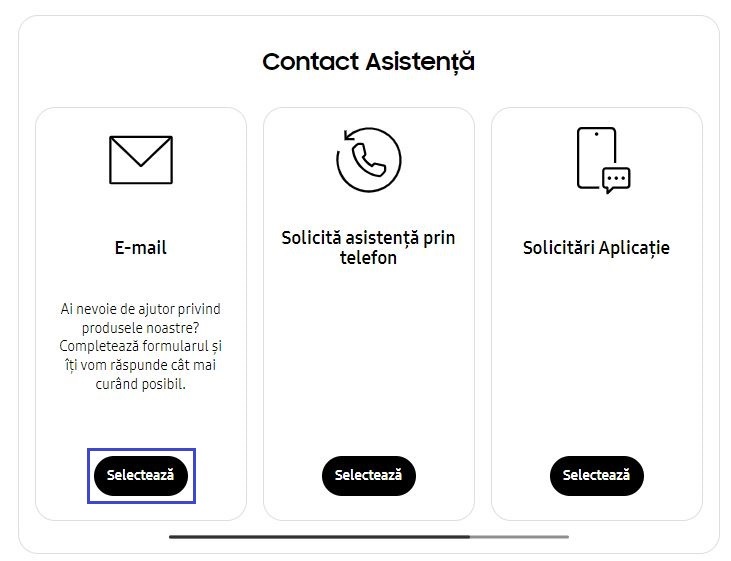 Instrucțiuni de contact prin e-mail | Samsung Romania