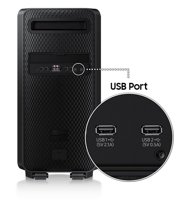 A closeup of Sound Tower's USB port is on display as the back of the ...